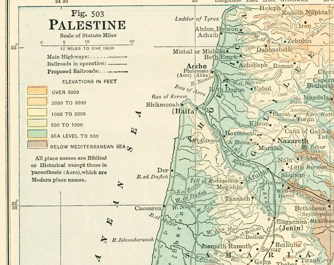 1930s Palestine Map Print Pre - Israel Map Elevation Map Dead Sea River ...
