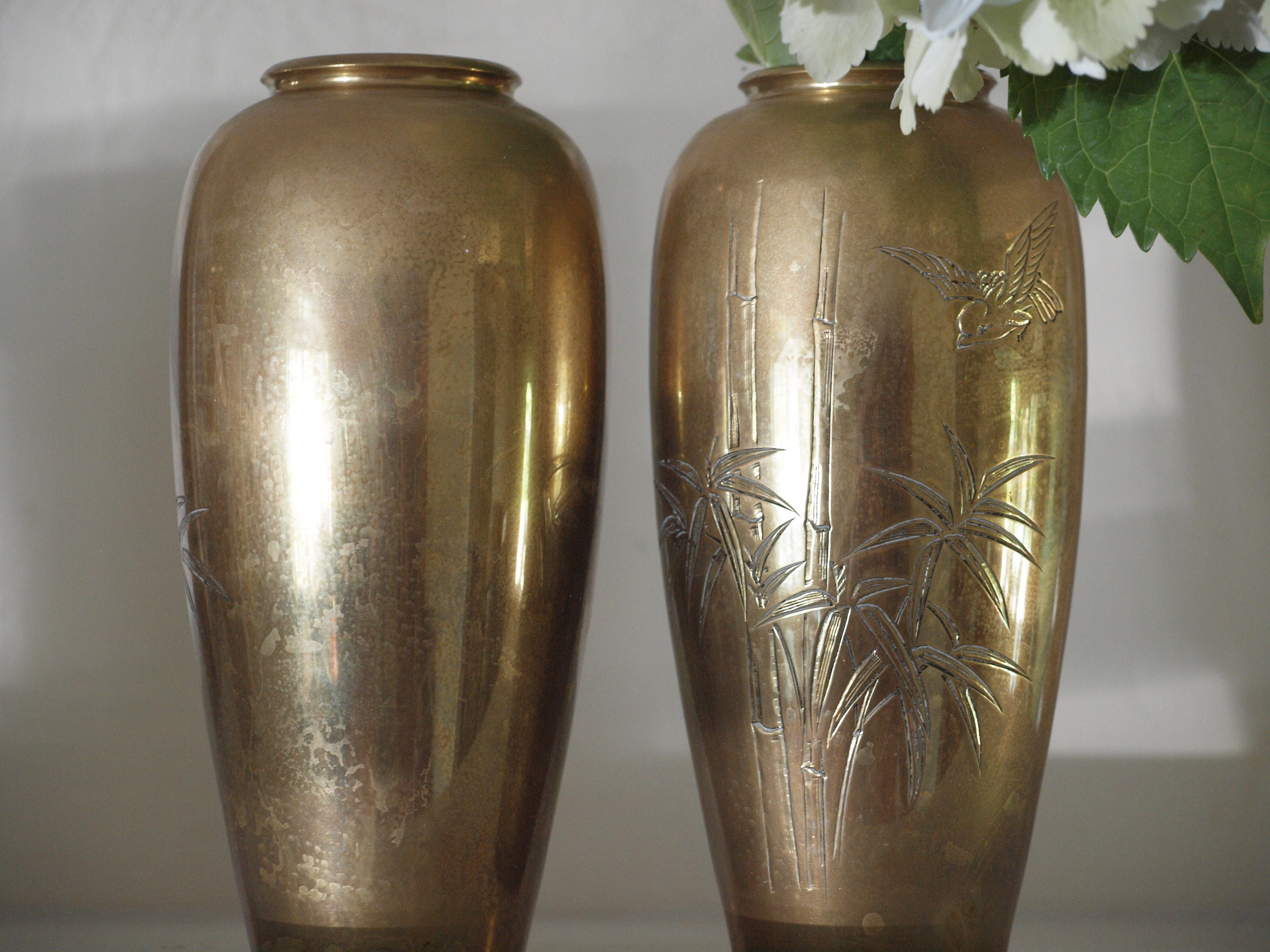 Japanese Urn Vase Set Asian Brass Vases Bamboo and Bird Detail Signed ...