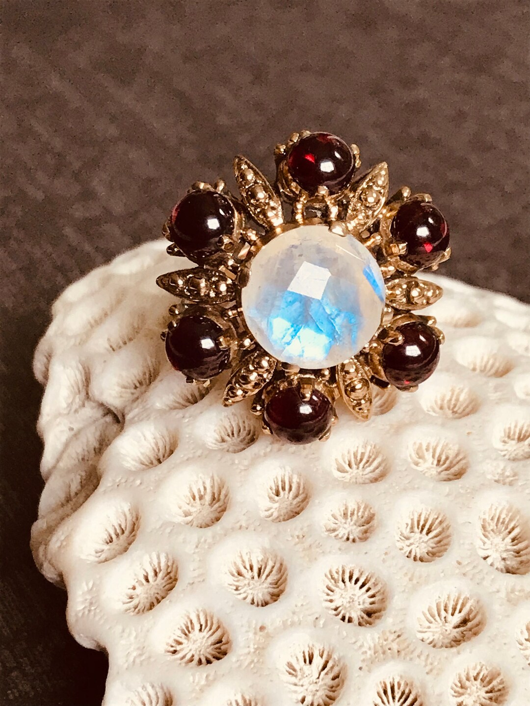Nicky Butler Moonstone + Garnet Ring Size 9 Flower-shaped Ring Bronze ...
