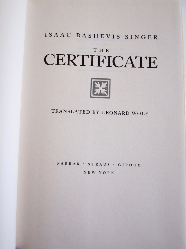 The Certificate by Isaac Bashevis Singer 1st Edition 1992 - Etsy