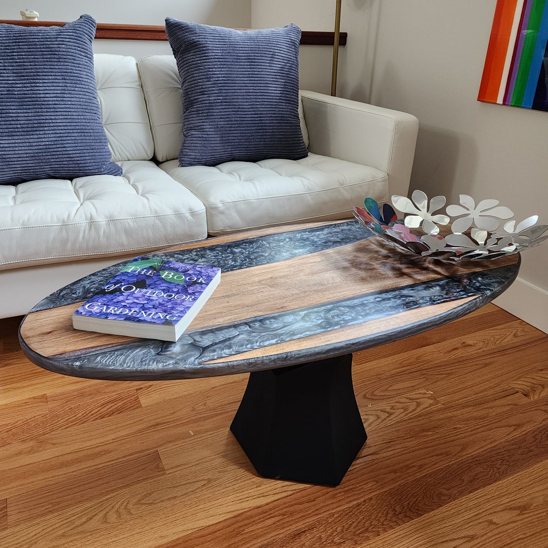 SOLD - Oval (surfboard) Cherry Live Edge Coffee Table W/ Black Aluminum ...