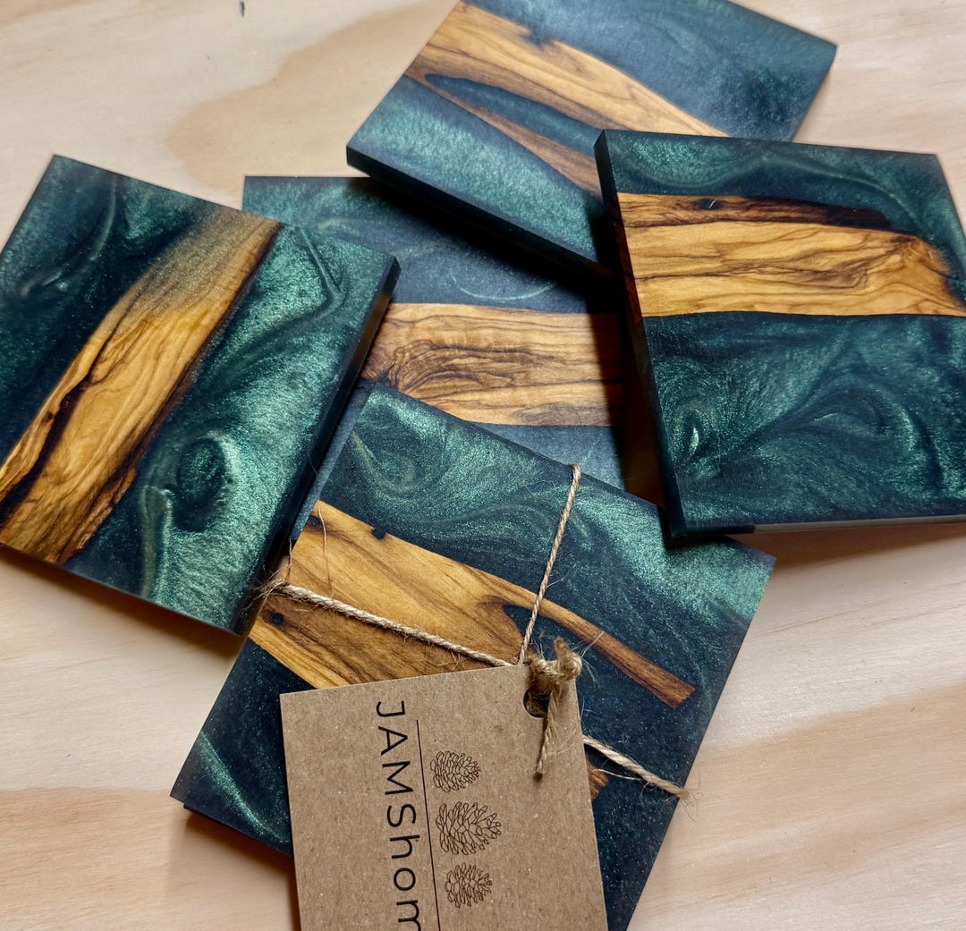 Coasters Imported Olive Wood & Epoxy Swirl Coaster Trivet Set of 2 ...
