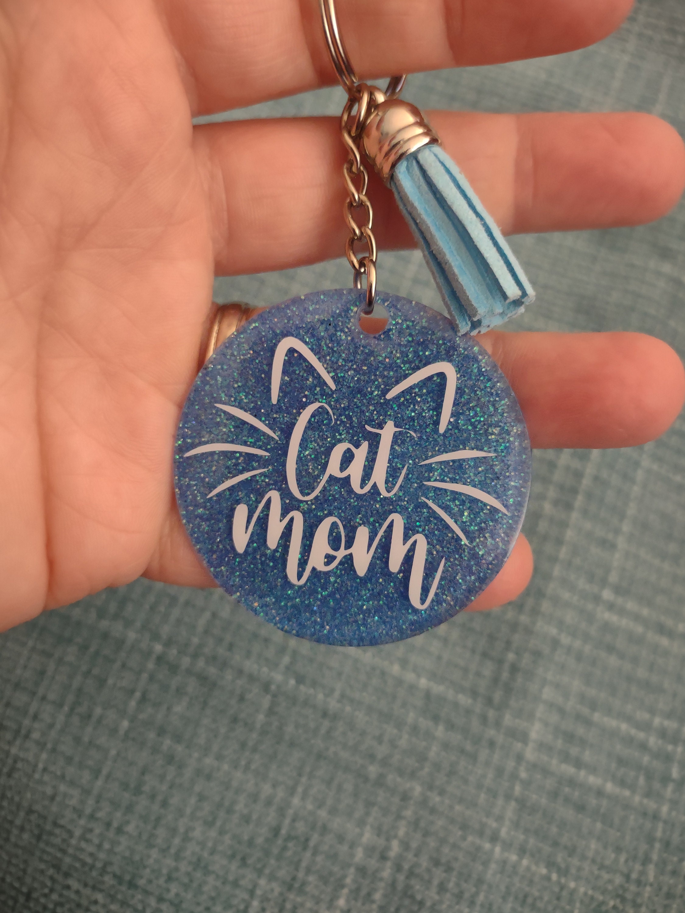 Blue Glitter and White Vinyl Cat Mom Keychain - Etsy