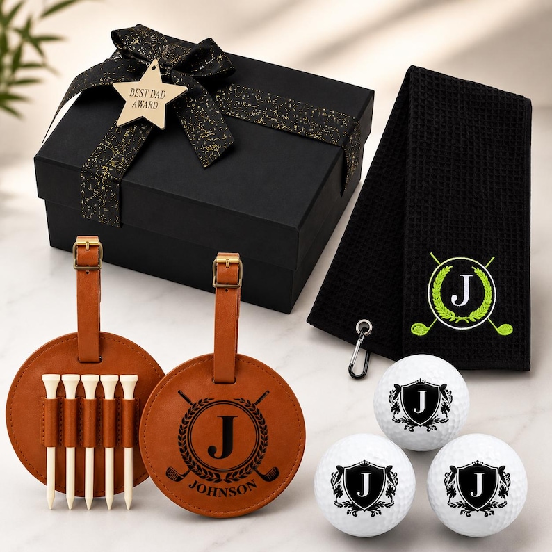 Personalized Golf Gift Set, Custom Towel, Golf Balls, Leather Bag Tag ...