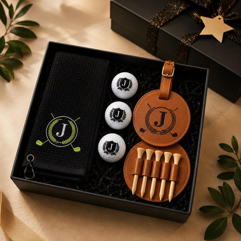 Personalized Golf Gift Set, Custom Towel, Golf Balls, Leather Bag Tag ...