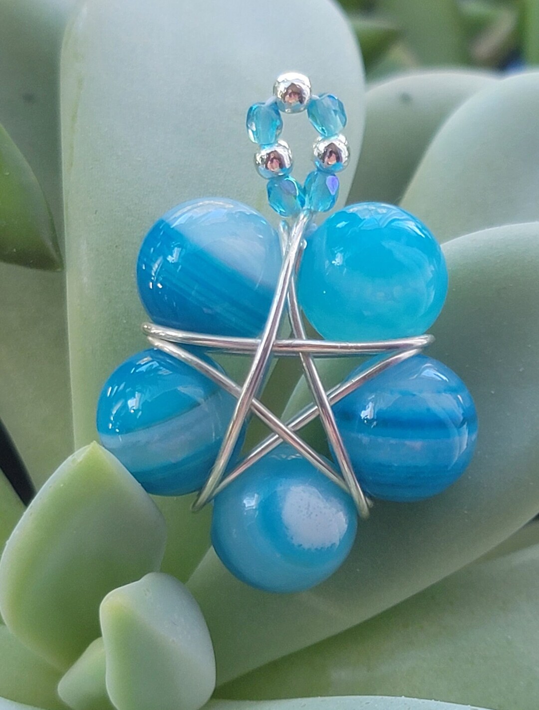 Bright Blue Agate Gemstone, 925 Sterling Silver Wire Woven Pentagram ...