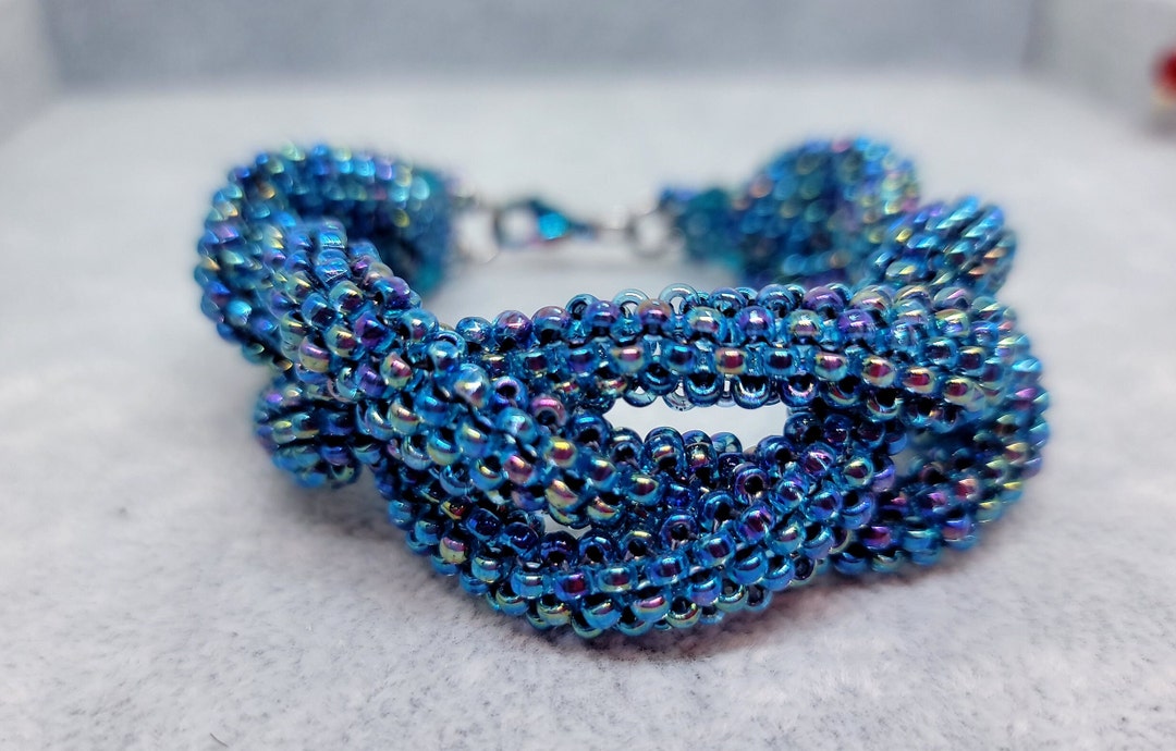 Handmade Blue Green Round Peyote Stitch Braided Woven Rope Seed Bead ...