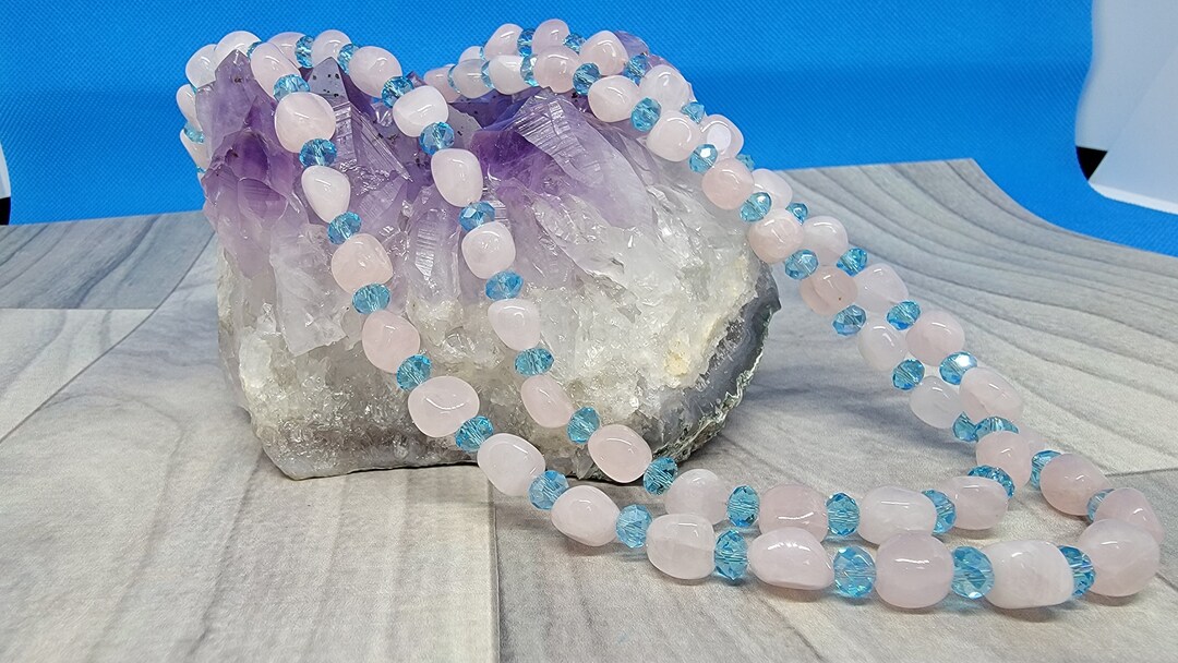 Handmade Natural Rose Quartz Nuggets Blue Crystal Rondelles Long ...