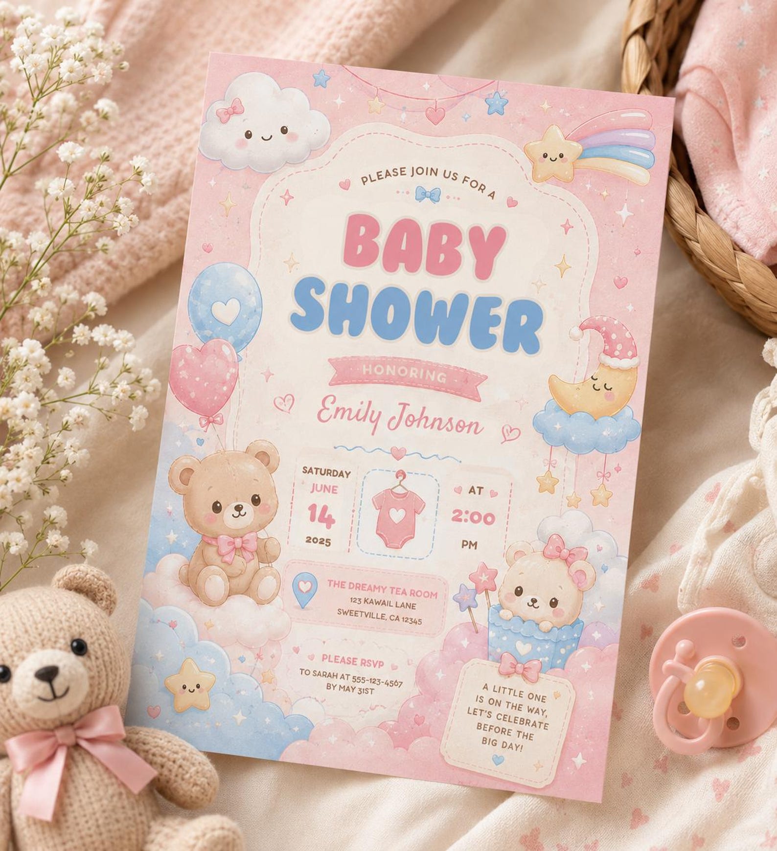 Kawaii Baby Shower Invitation Template, Pastel Editable Canva Invite ...