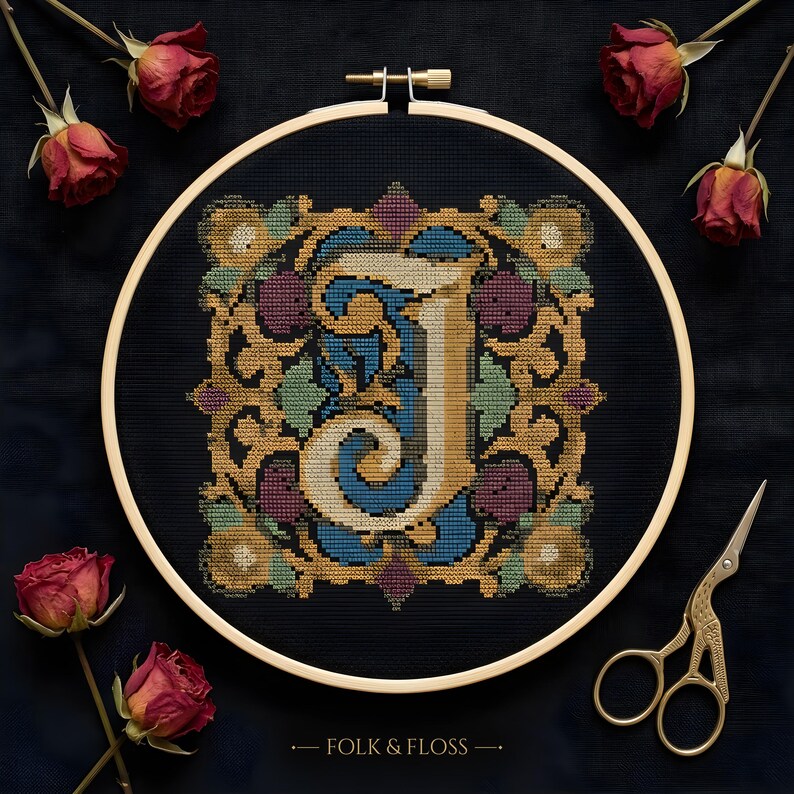 Letter J Cross Stitch Pattern PDF | Gothic Monogram Illuminated Initial ...