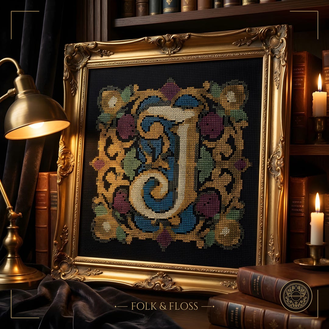Letter J Cross Stitch Pattern PDF | Gothic Monogram Illuminated Initial ...