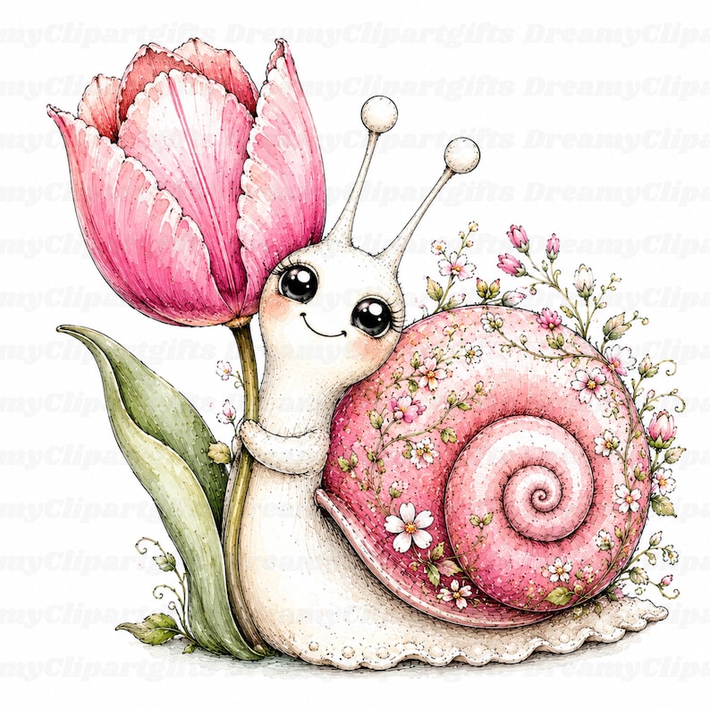 24 Whimsical Floral Snail Clipart Watercolor Summer Cottagecore Garden ...