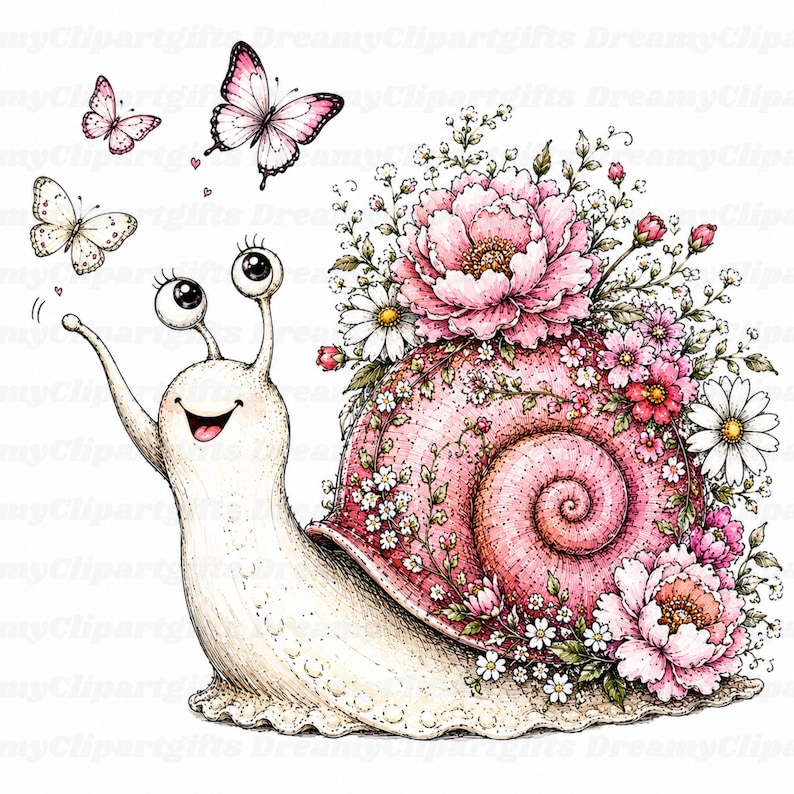 24 Whimsical Floral Snail Clipart Watercolor Summer Cottagecore Garden ...