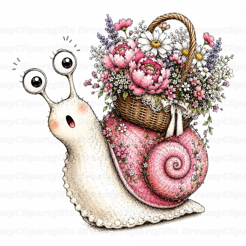 24 Whimsical Floral Snail Clipart Watercolor Summer Cottagecore Garden ...