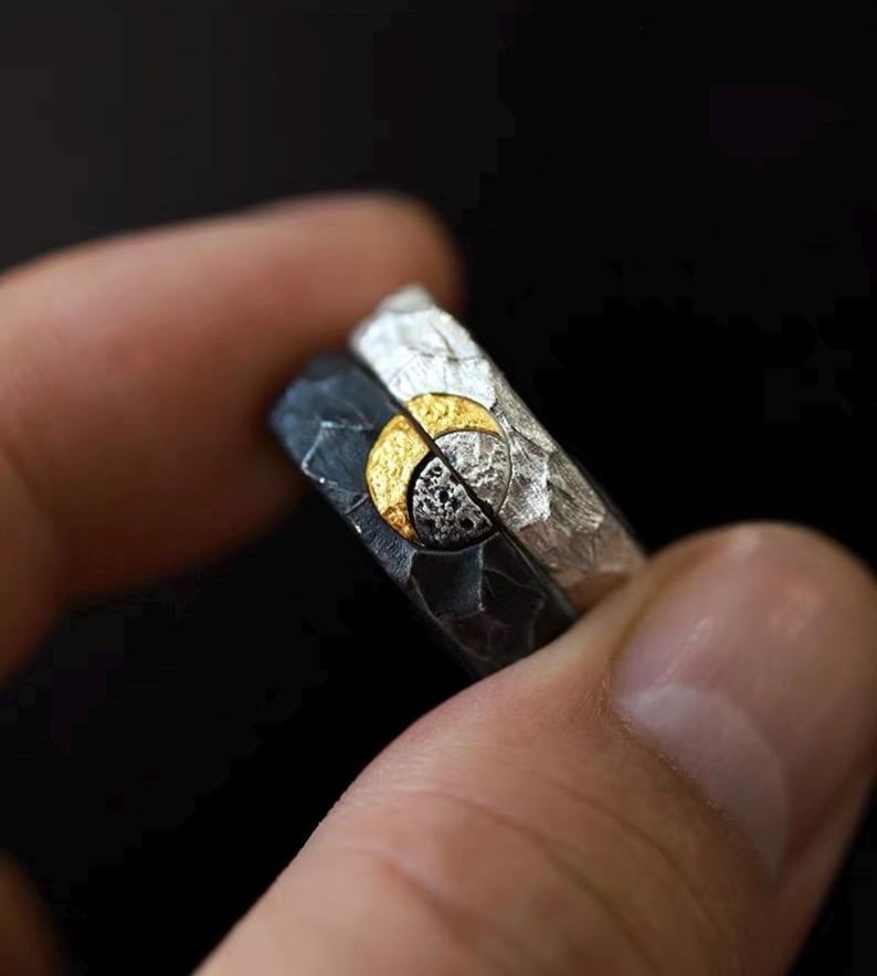 Asahi Yūgure Couple Ring Set, 24K Gold Inlay Sun Moon, Mountain Texture ...