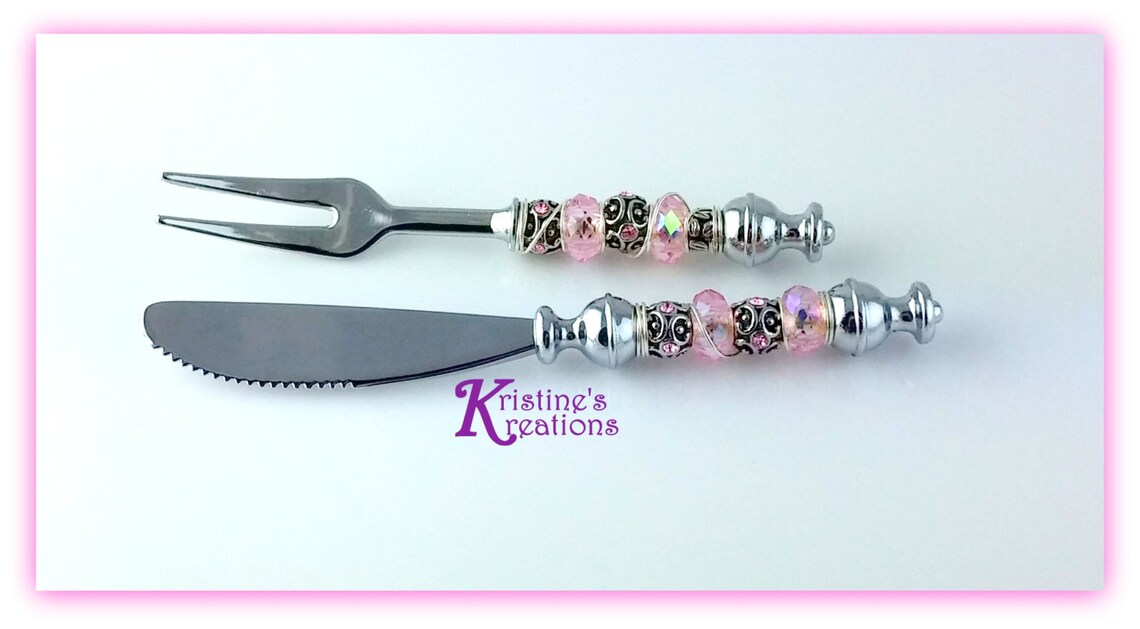 Knife & Fork H'orderve Set Pink Crystal Metal Stainless Steel Silver ...