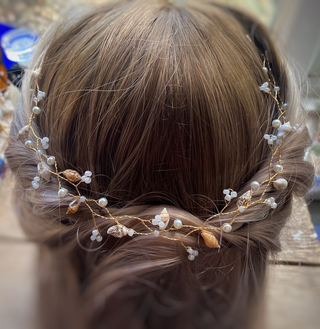 Seashell Wedding Hair Vine | Gold Bridal Crown With Pearls - Etsy