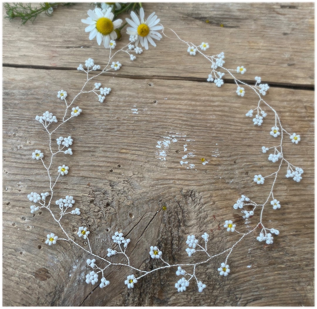 Daisy Bridal Hair Vine | Gold, Seed Bead Flower Girl Wreath - Etsy