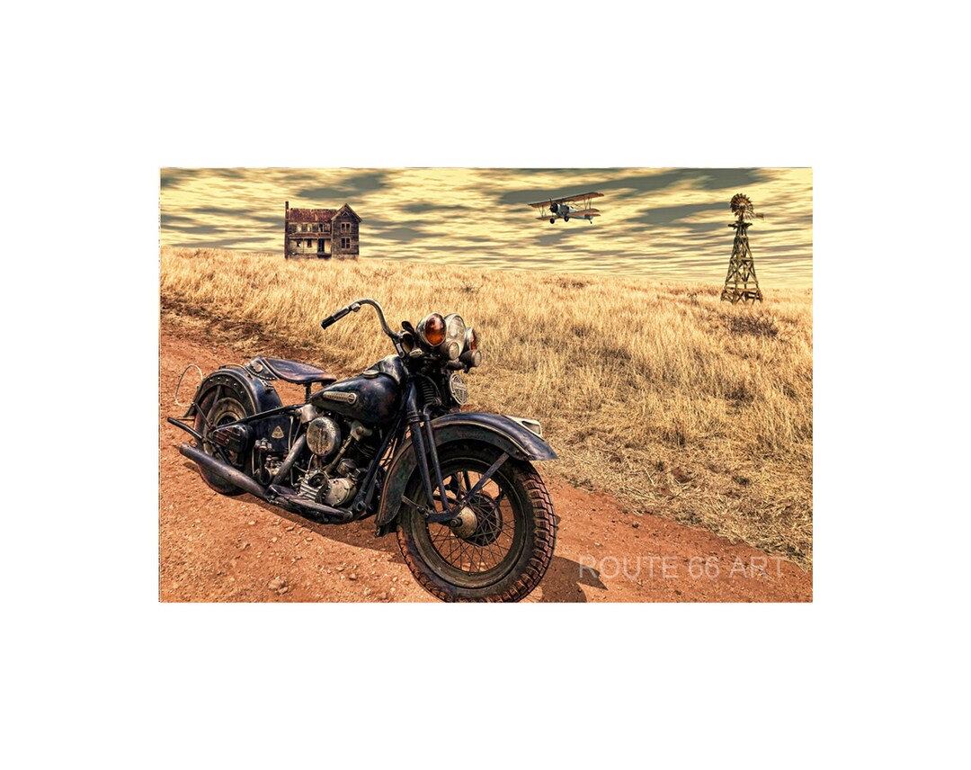 Harley Davidson Knucklehead Route 66 Rustic Country Farm Plane Biplane ...