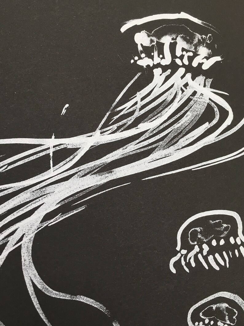 Jellyfish Screen Print, White Ink on Black Card - Etsy