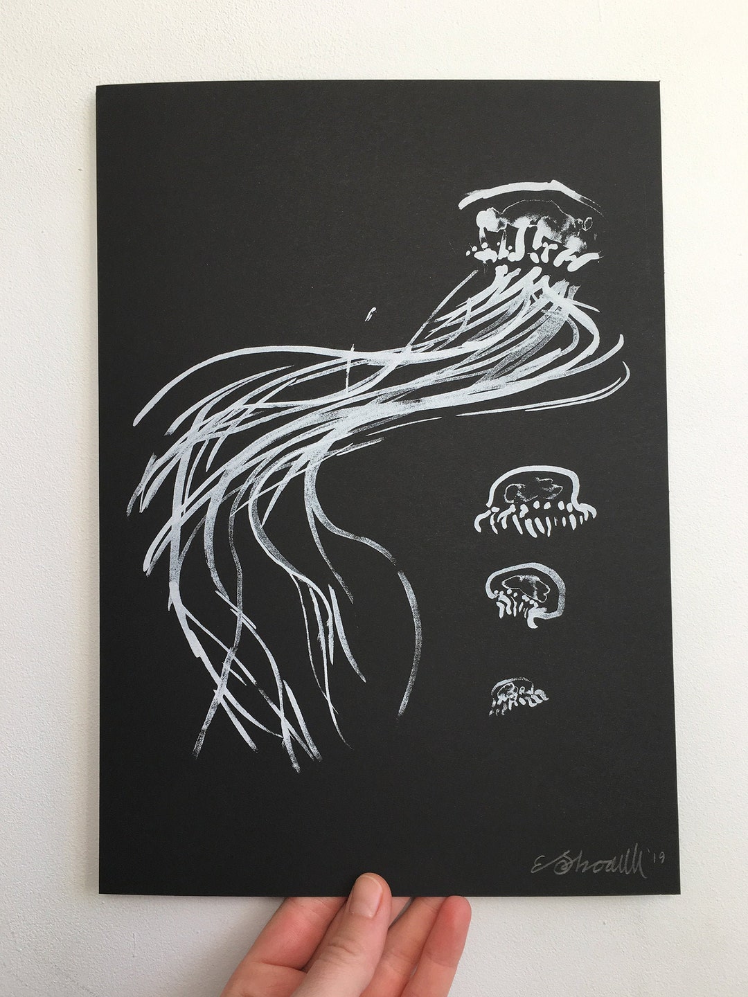 Jellyfish Screen Print, White Ink on Black Card - Etsy