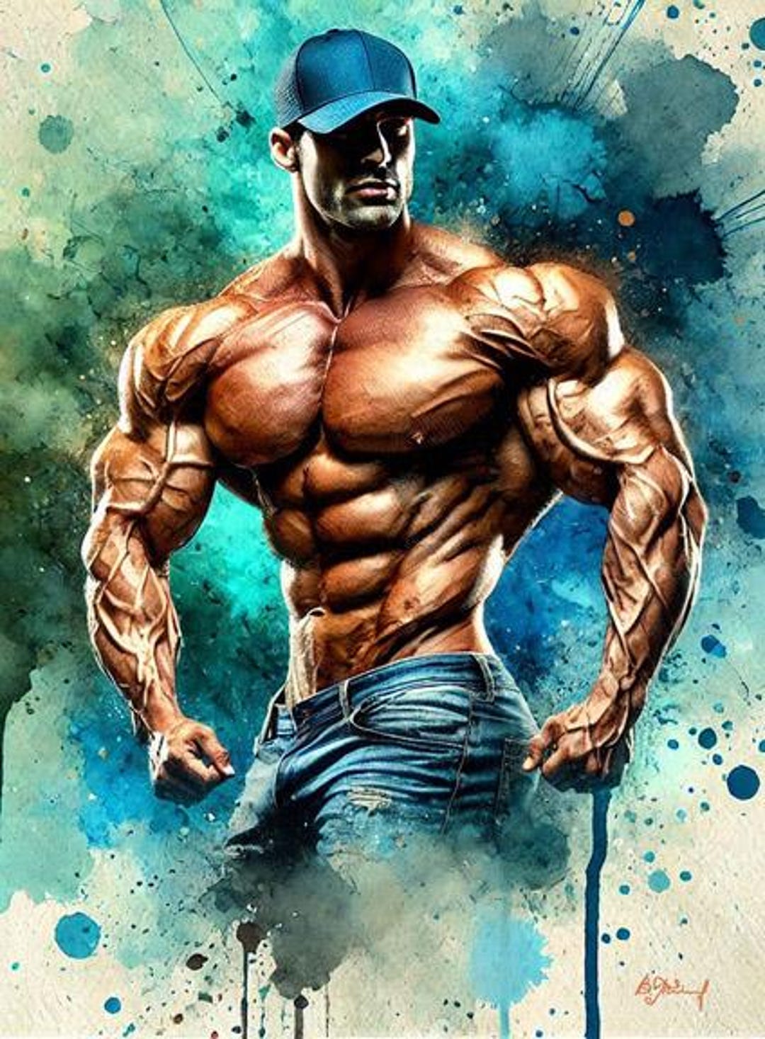BODYBUILDER. Portrait. Man. Painting Giclee Canvas 16"x20" With Mat ...