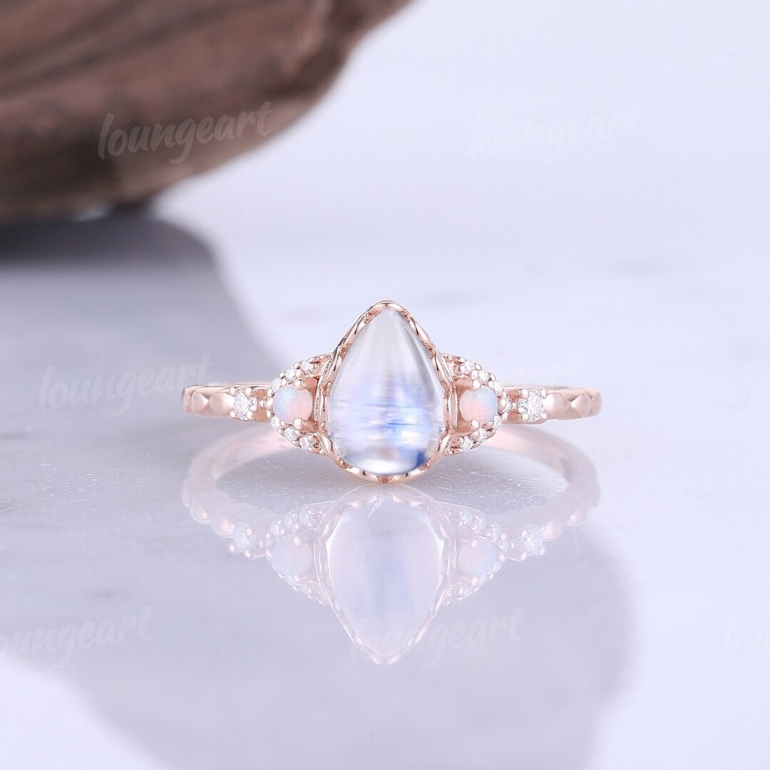 Moonstone Engagememt Ring Pear Cut Cabochon Moonstone Ring Moissanite ...