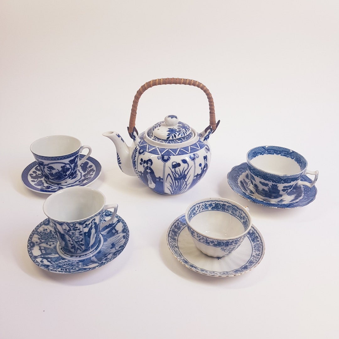 Mismatched Tea Set, Blue China, Vintage Wedding, Bridal Shower, Tea ...