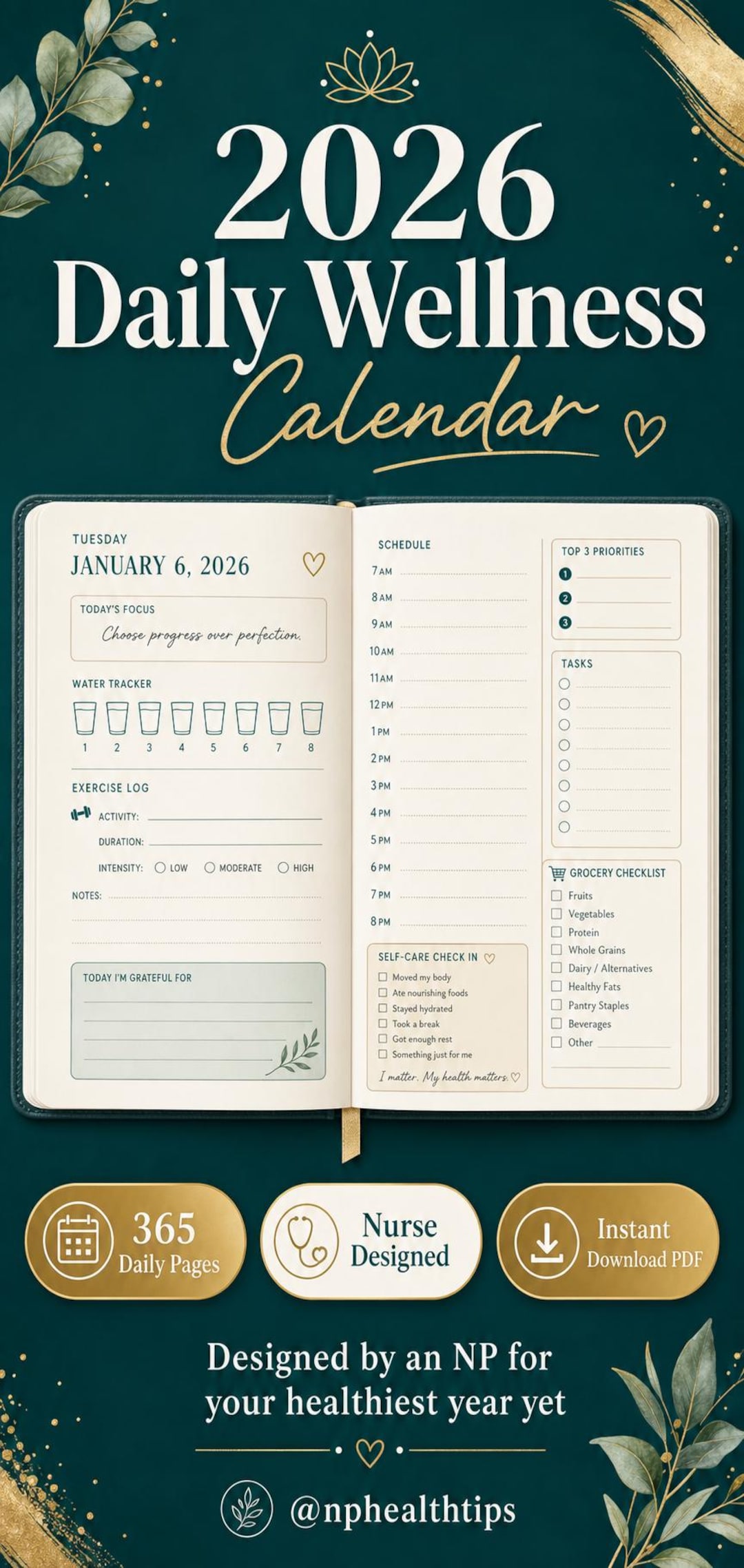 2026 Daily Wellness Calendar PDF, Printable Health Planner, 365 Day ...