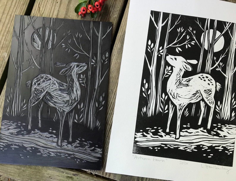 Autumn Fawn Linocut Print Woodland Deer Fine Art Print | Etsy