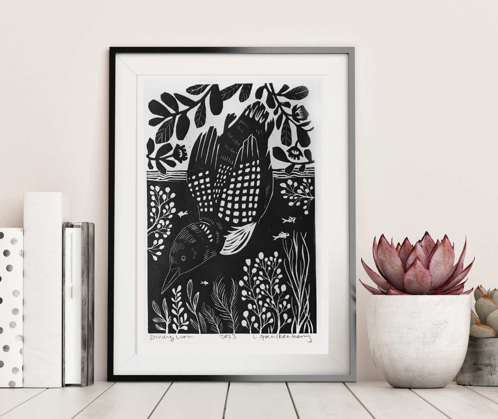 Diving Loon Linocut Block Print, Original Wall Art Print for Nature ...