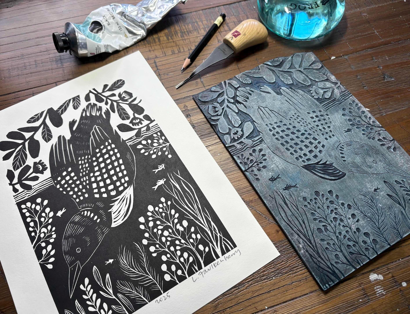 Diving Loon Linocut Block Print, Original Wall Art Print for Nature ...