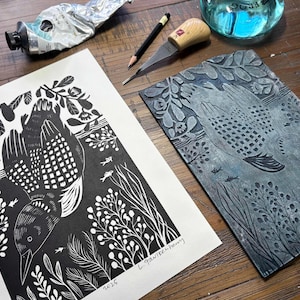 Diving Loon Linocut Block Print, Original Wall Art Print for Nature ...