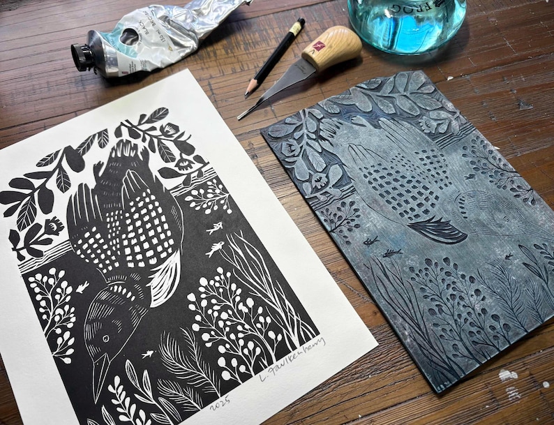Diving Loon Linocut Block Print, Original Wall Art Print for Nature ...