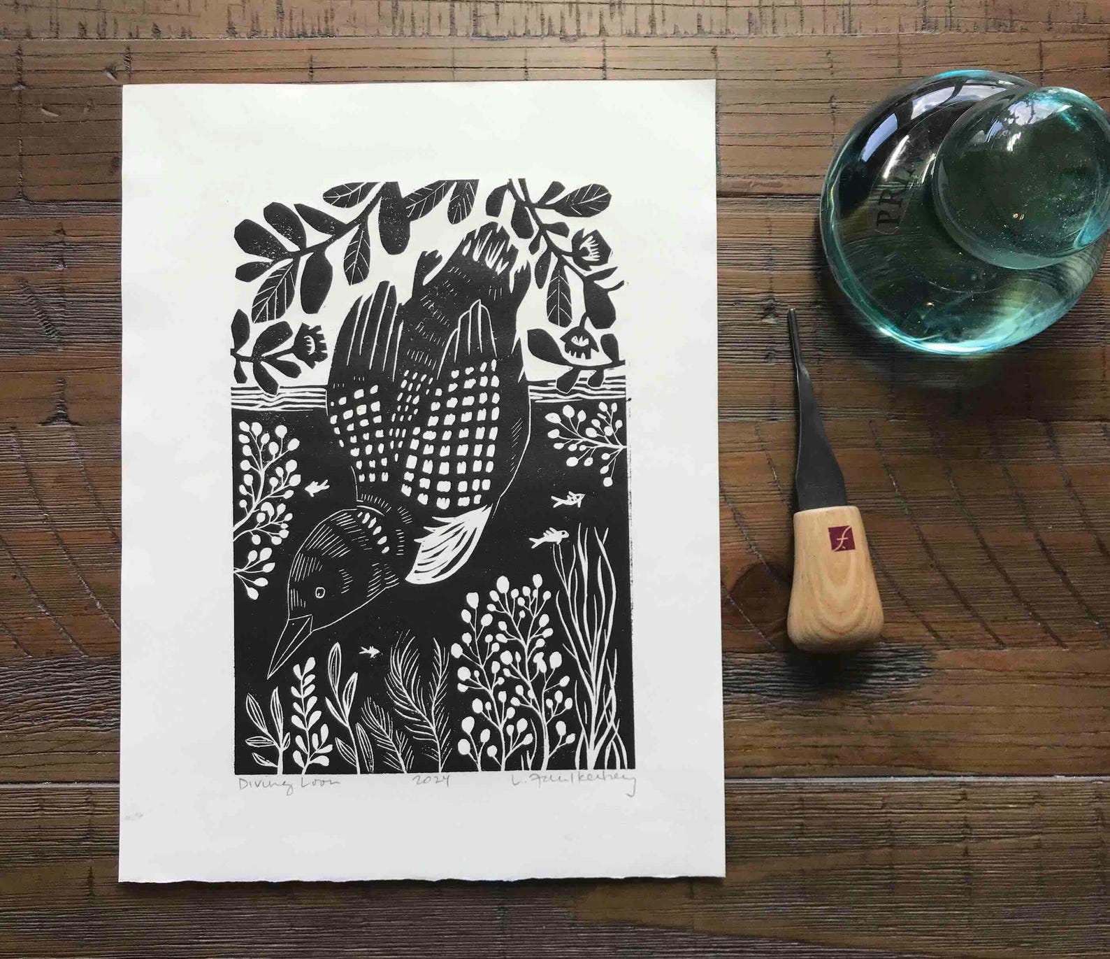 Diving Loon Linocut Block Print, Original Wall Art Print for Nature ...