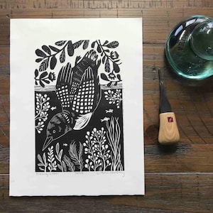 Diving Loon Linocut Block Print, Original Wall Art Print for Nature ...