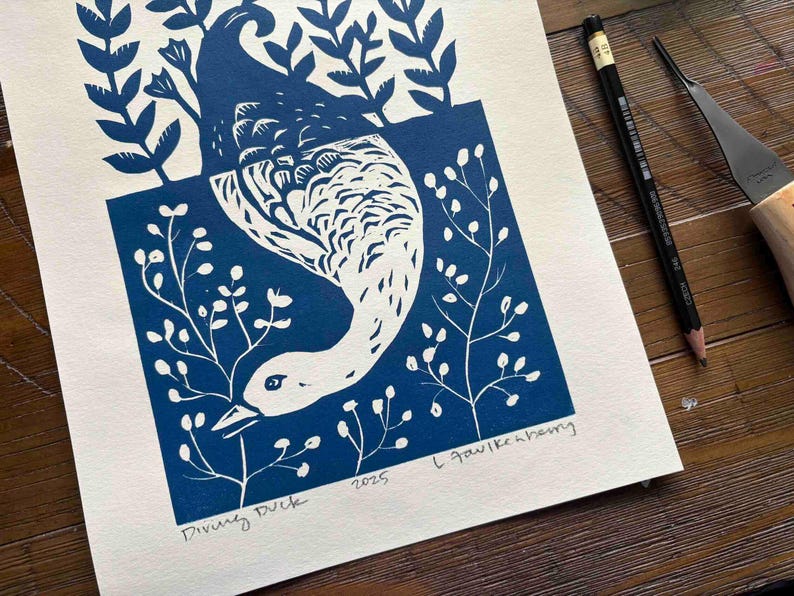 Linocut Block Print With Diving Duck in Blue, Contemporary Wall Art - Etsy