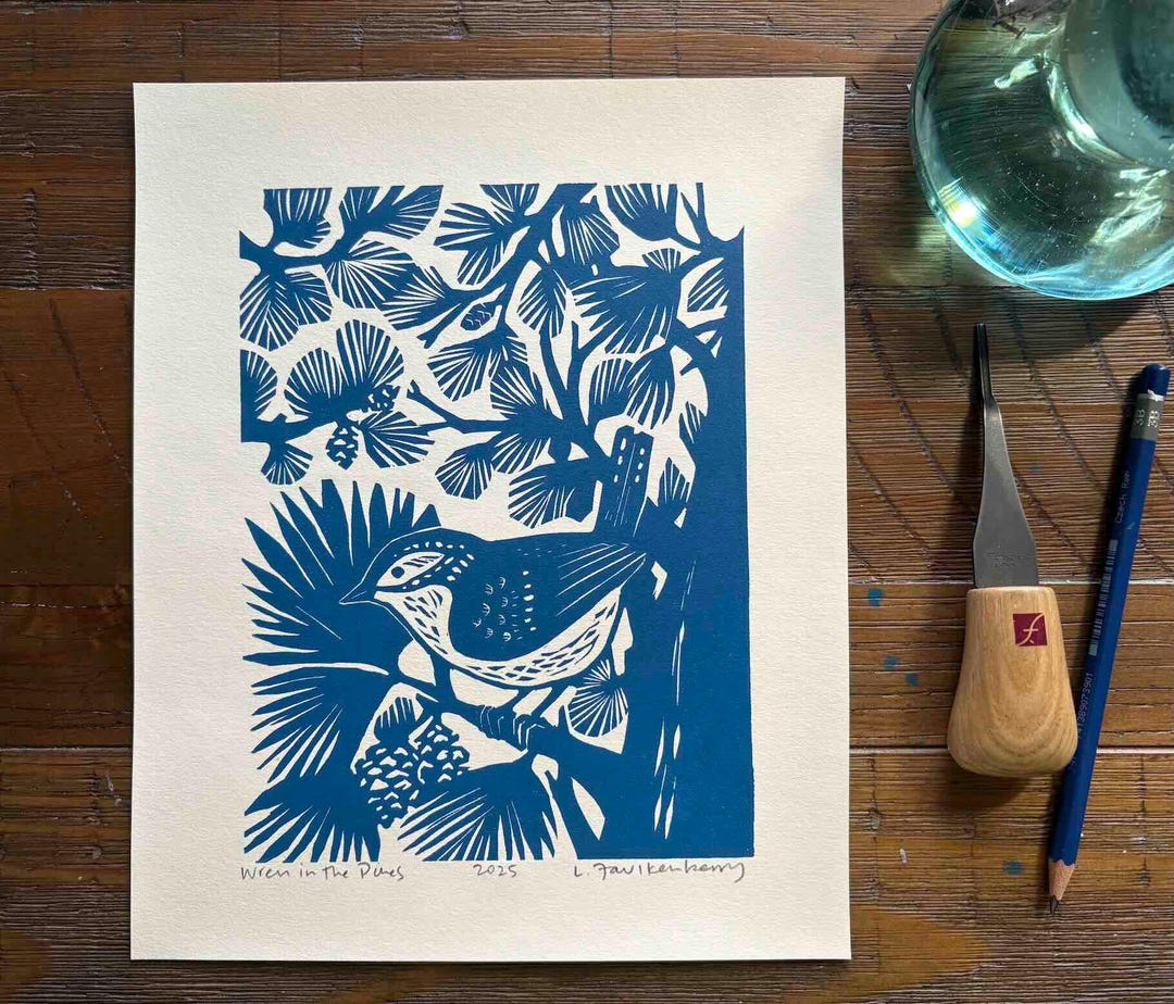 Blue Wren in the Pines Linocut Block Print, Original Wall Art Print ...