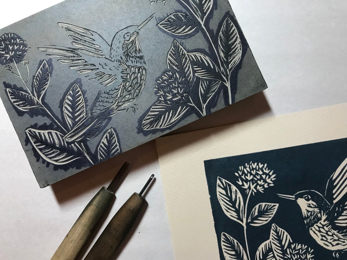 Hummingbird Linocut Original Art Print Small Wall Art Print | Etsy