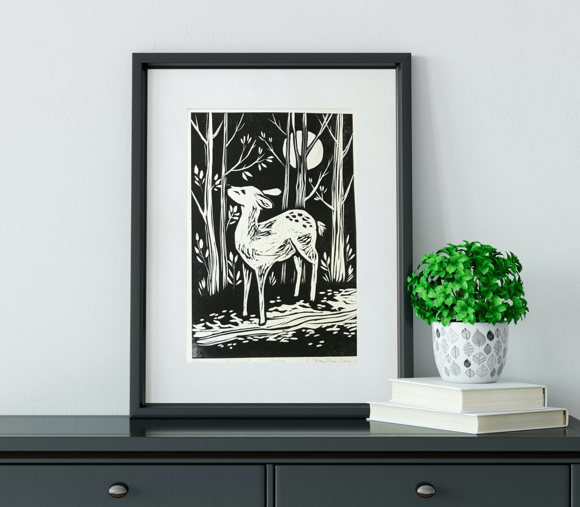 Woodland Deer Fine Art Linocut Print | Etsy