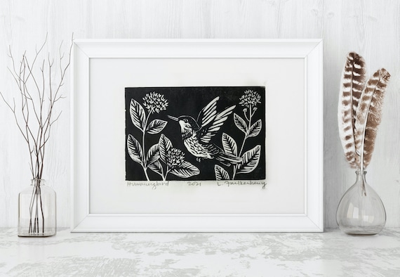 Hummingbird Linocut Original Art Print Small Wall Art Print | Etsy