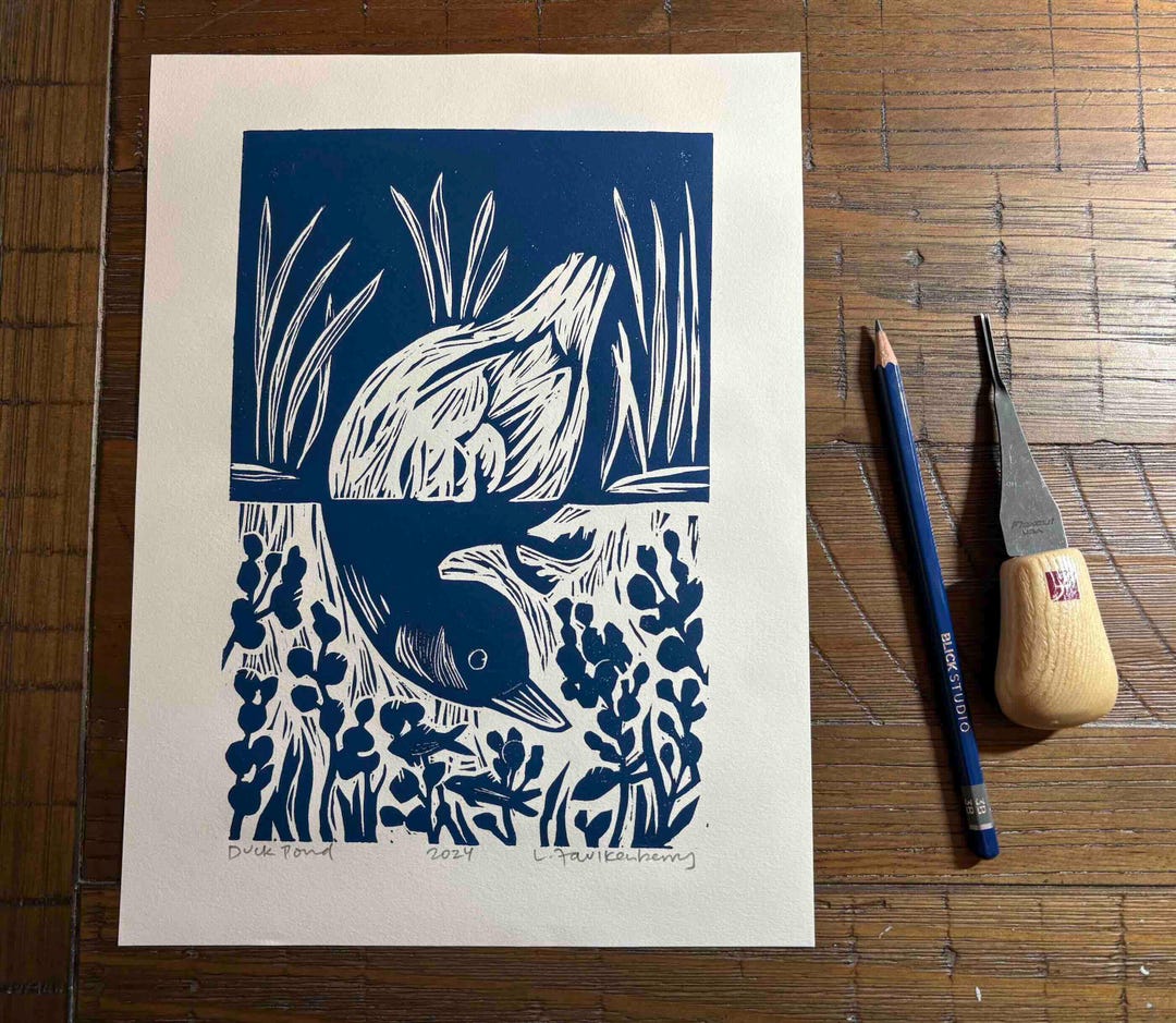 Duck Pond Linocut Block Print in Blue, Original Wall Art Print for ...