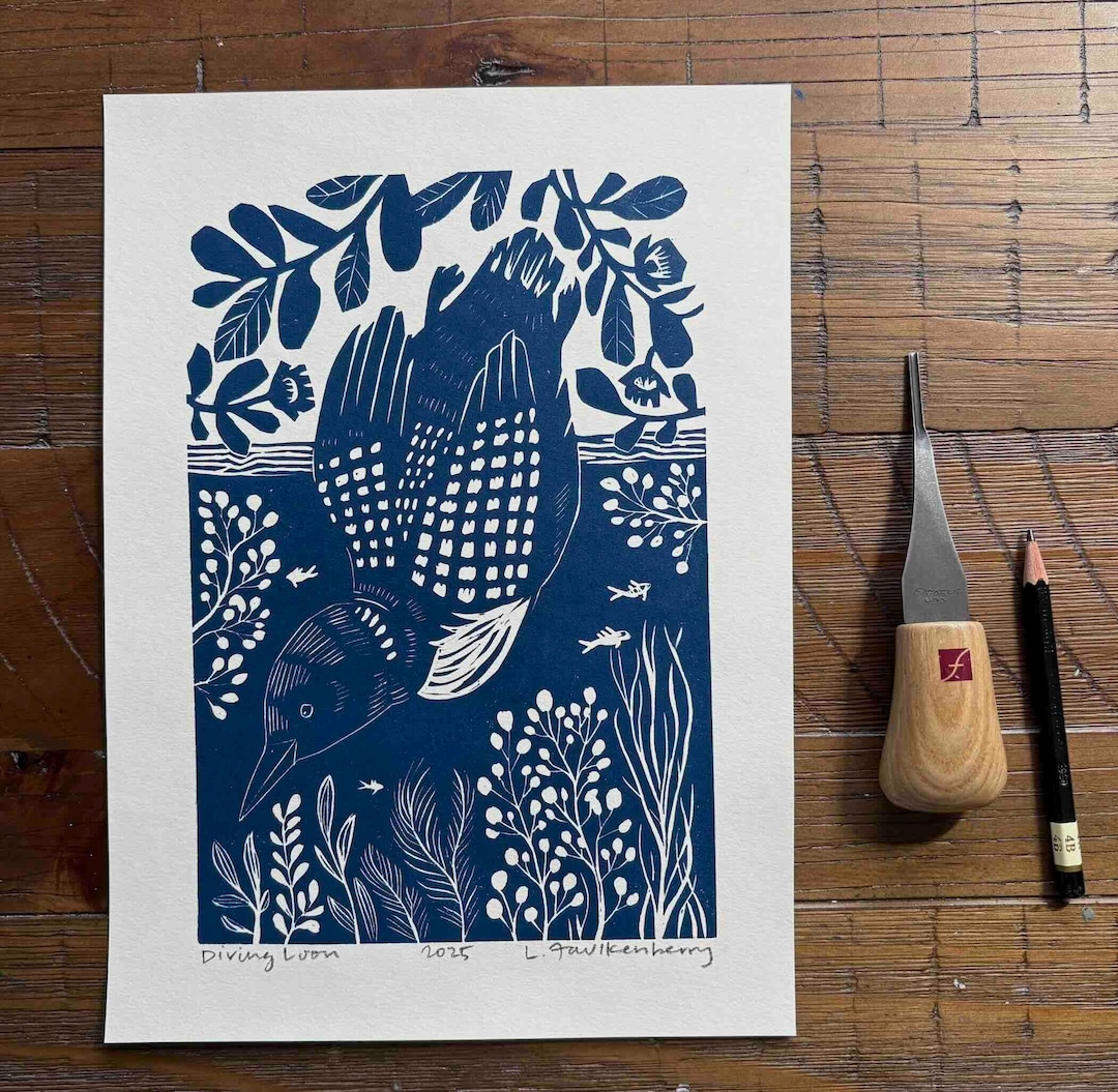 Handmade Linocut Art Print – "diving Loon" in Navy / Wildlife Wall Art ...