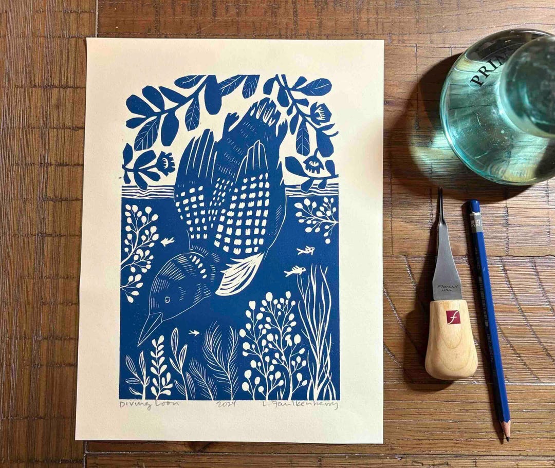 Diving Loon Linocut Print in Blue, Original Wall Art Print, Block Print ...