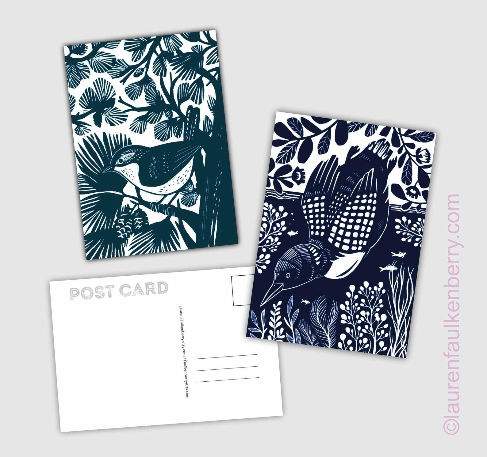Bird Postcard Set – Linocut Duck, Loon, Kingfisher & Wren Art - Etsy