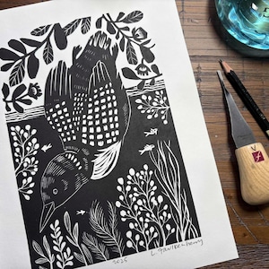 Diving Loon Linocut Block Print, Original Wall Art Print for Nature ...