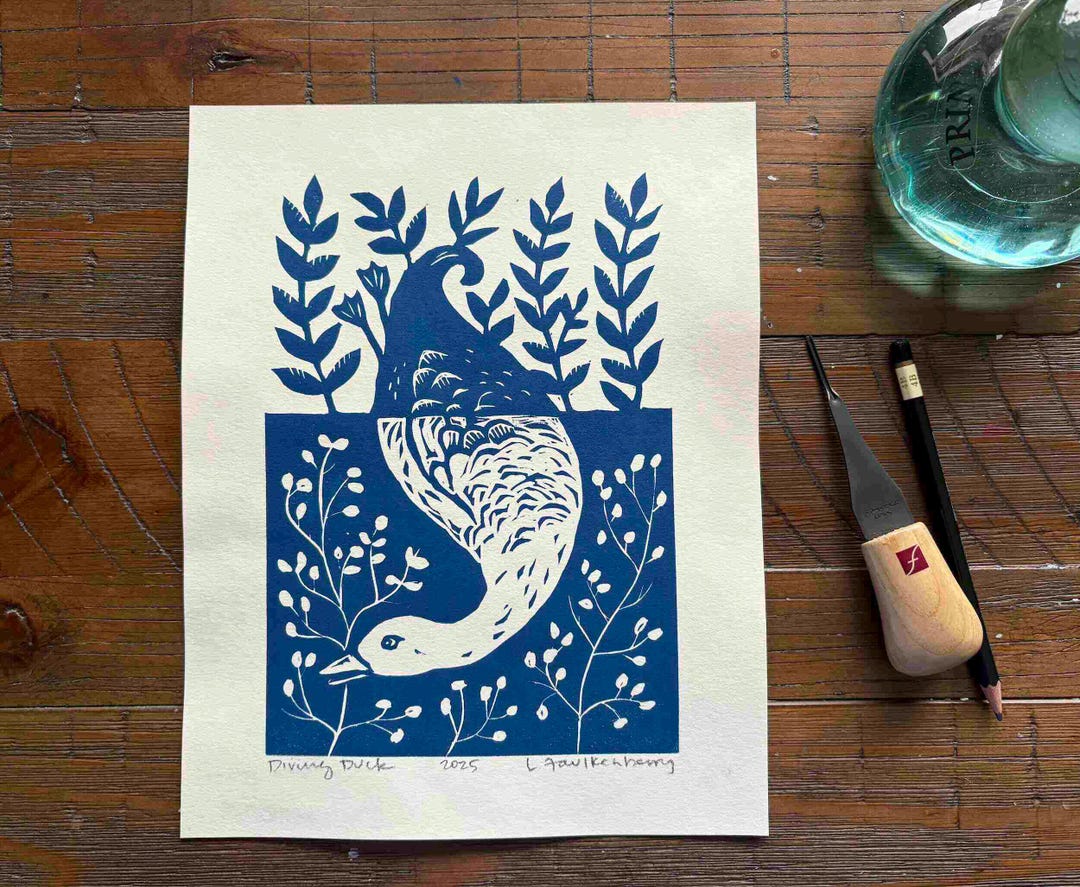 Linocut Block Print With Diving Duck in Blue, Contemporary Wall Art - Etsy