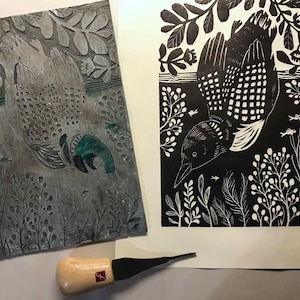 Diving Loon Linocut Block Print, Original Wall Art Print, Black and ...