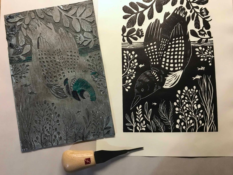 Diving Loon Linocut Print in Blue, Original Wall Art Print, Block Print ...