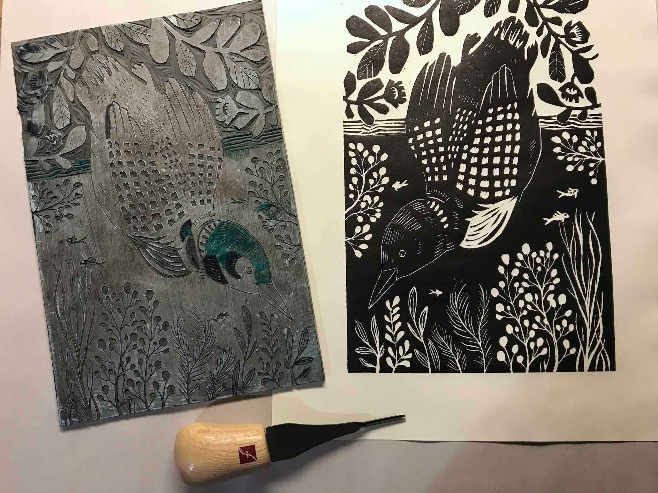 Diving Loon Linocut Print in Blue, Original Wall Art Print, Block Print ...